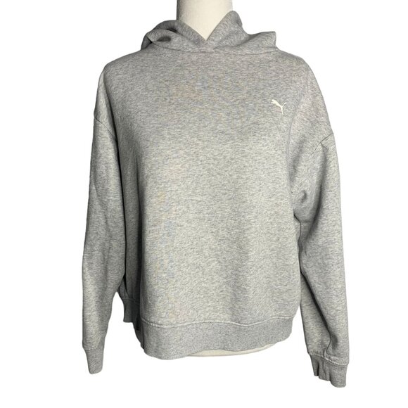 Puma | Tops | Puma Cropped Logo Hoodie Sweatshirt M Grey Fleece ...